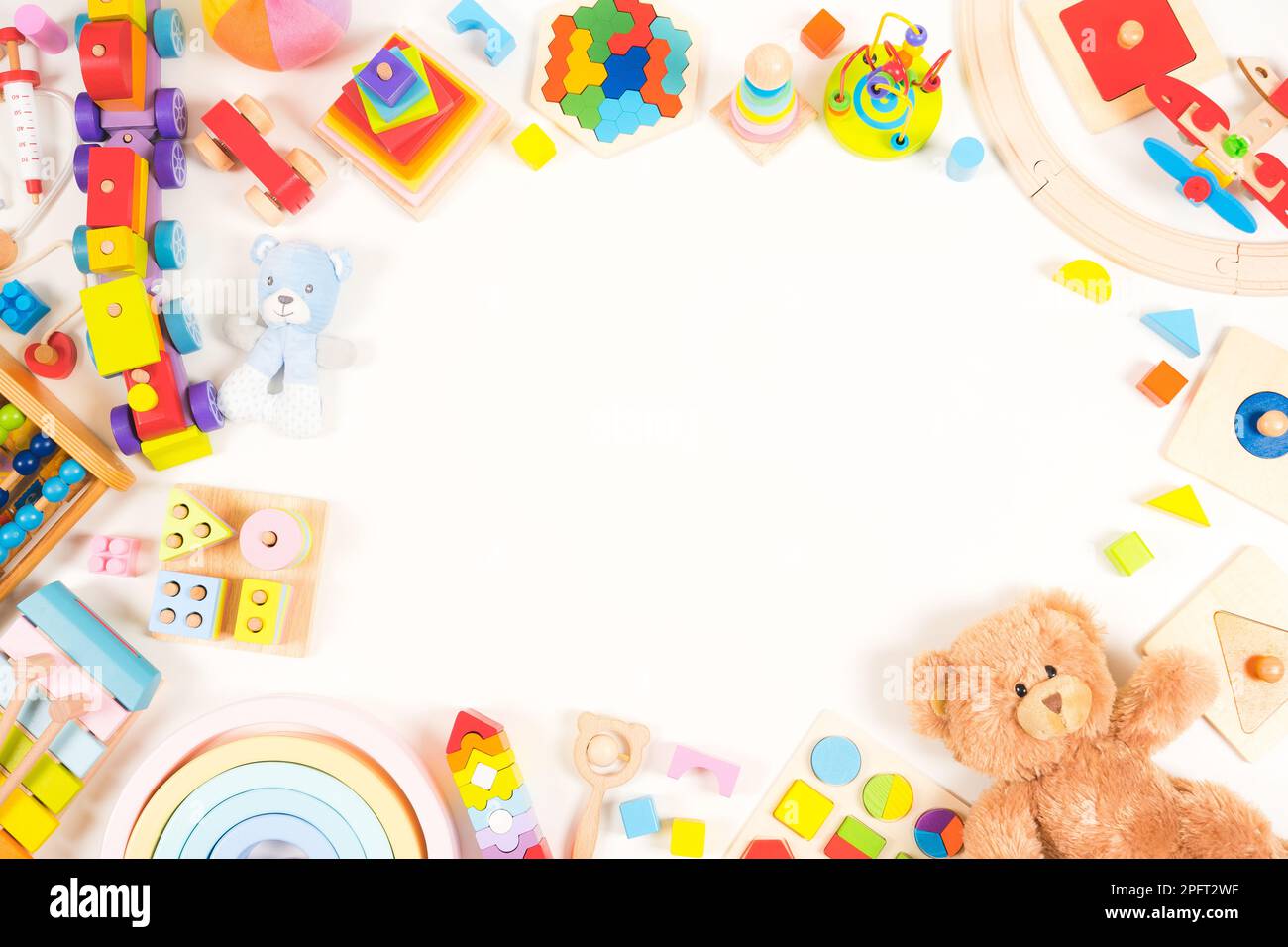 Baby kids toy background. Teddy bear, plush, wooden educational ...