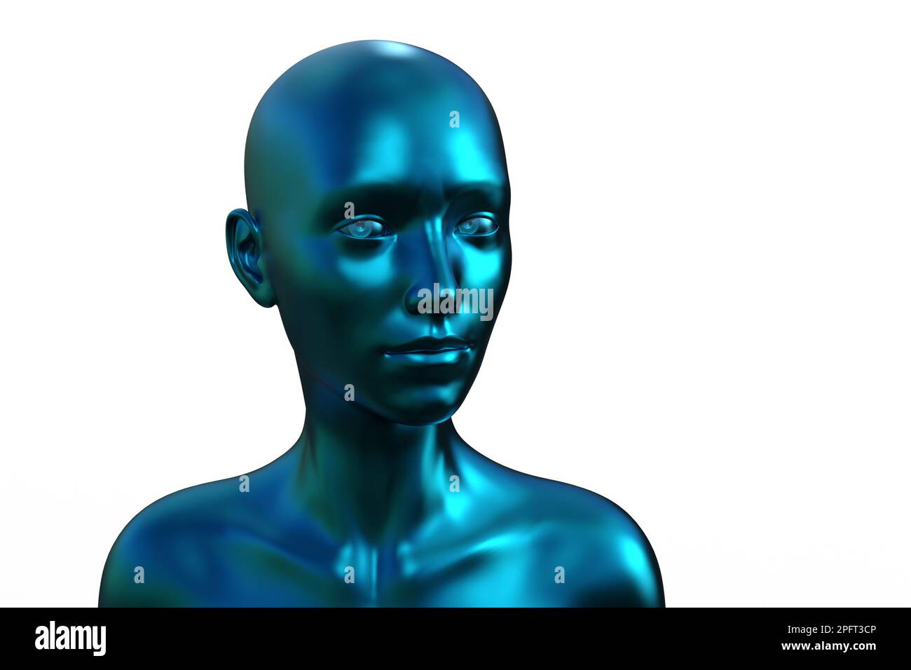 3d illustration. Portrait of a blue bald woman on a white background ...