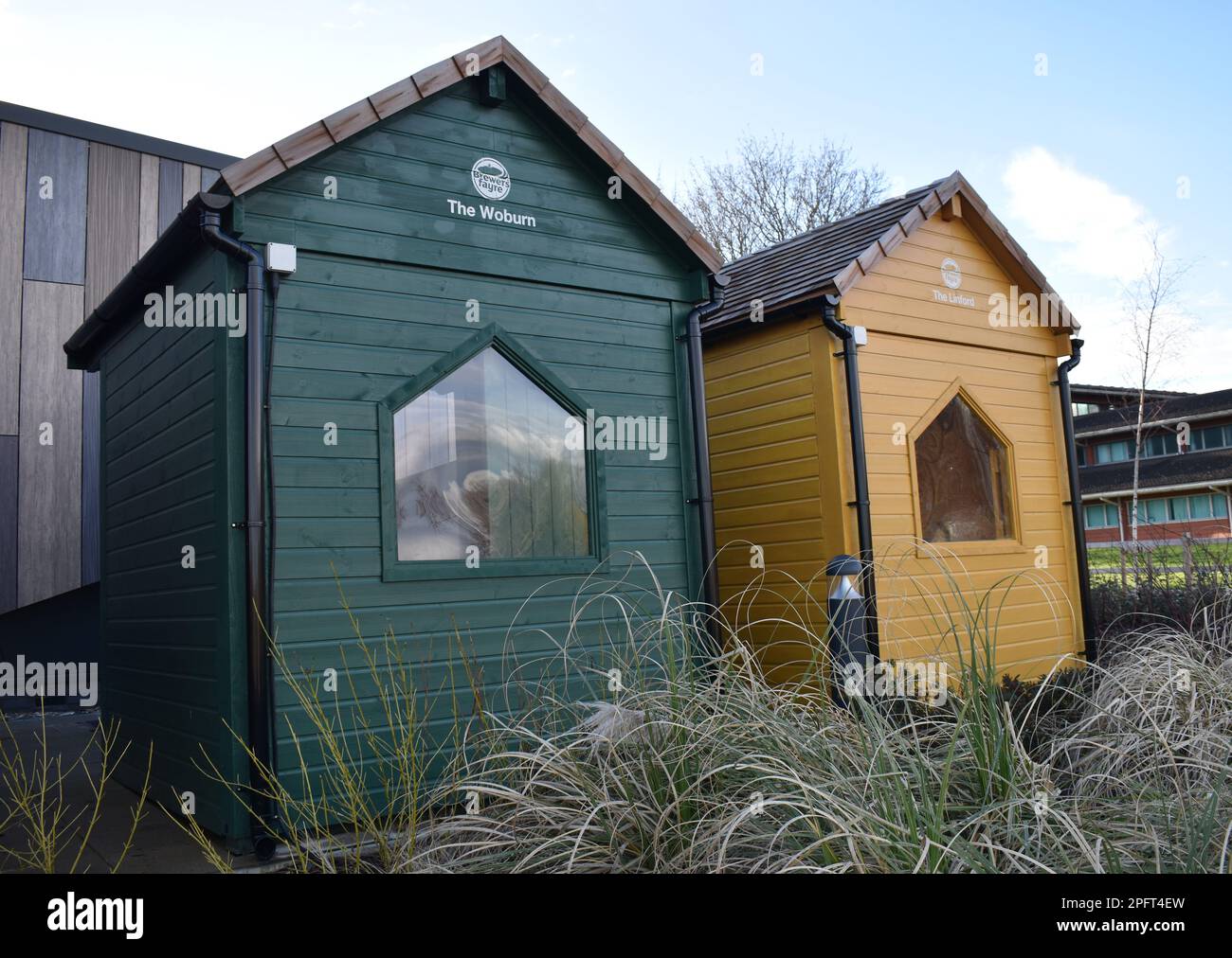 Novel outdoor seating at a pub, made to look like beach huts Stock ...