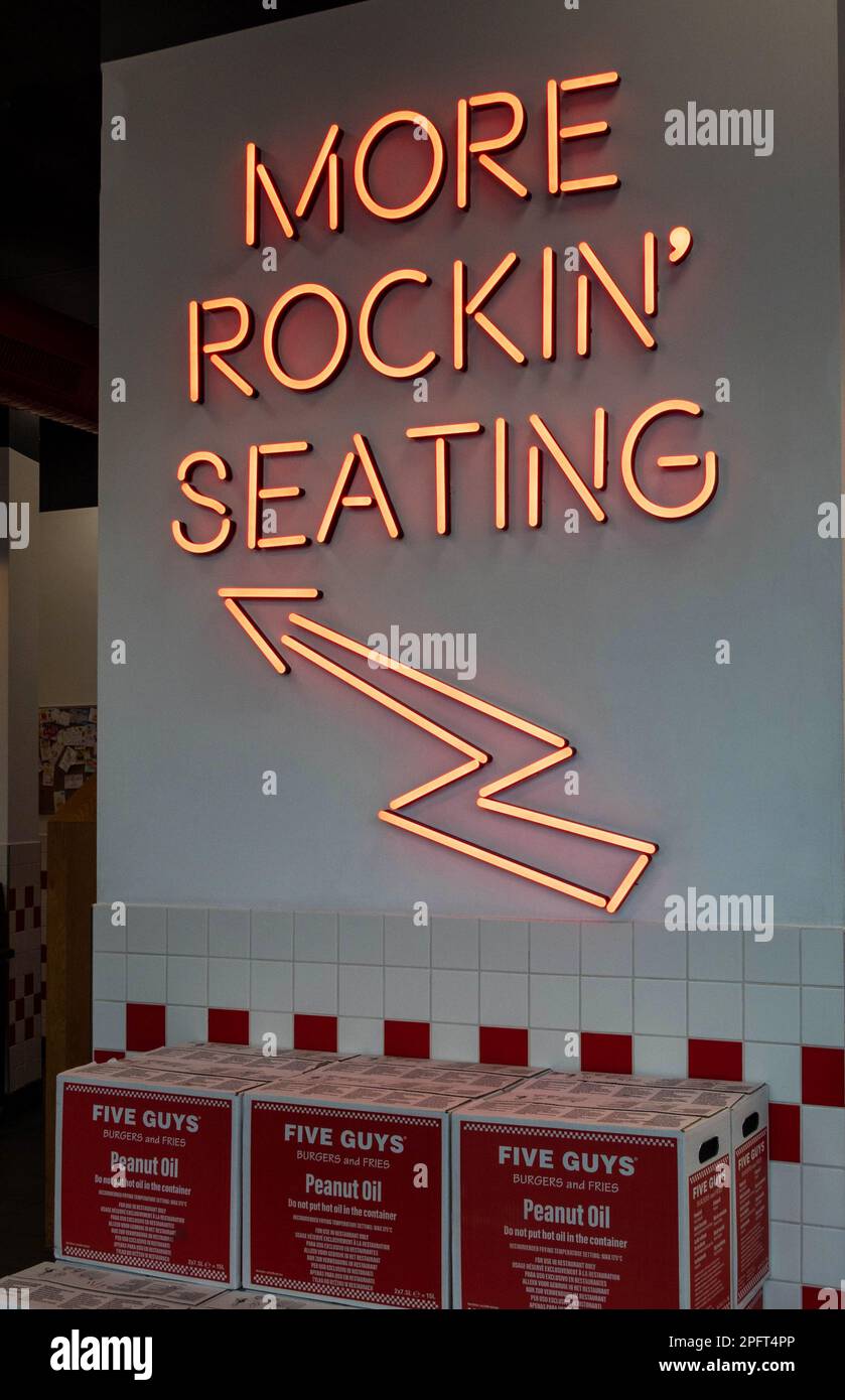 Sign inside 5-Guys burger restaurant in Liverpool Stock Photo - Alamy