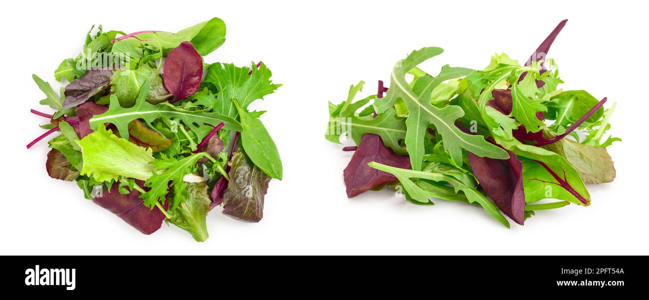 Mix of different salads isolated on white background. Top view. Flat ...