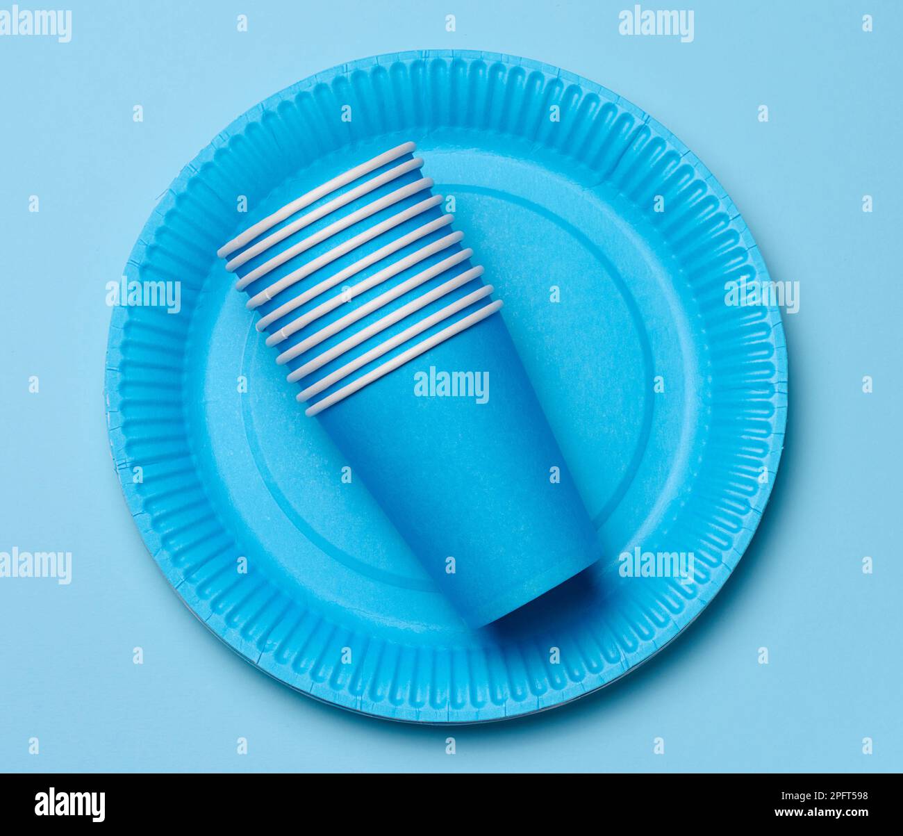 Round disposable blue paper plates and cups for a picnic, recyclable ...