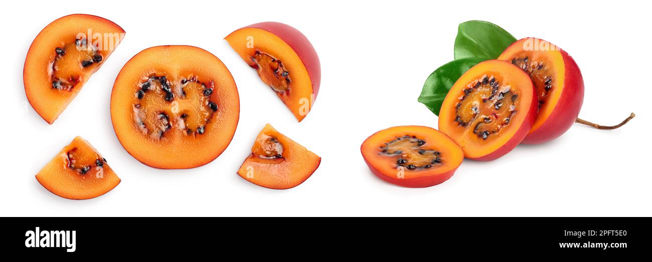 Fresh tamarillo fruit slices with leaves isolated on white background ...
