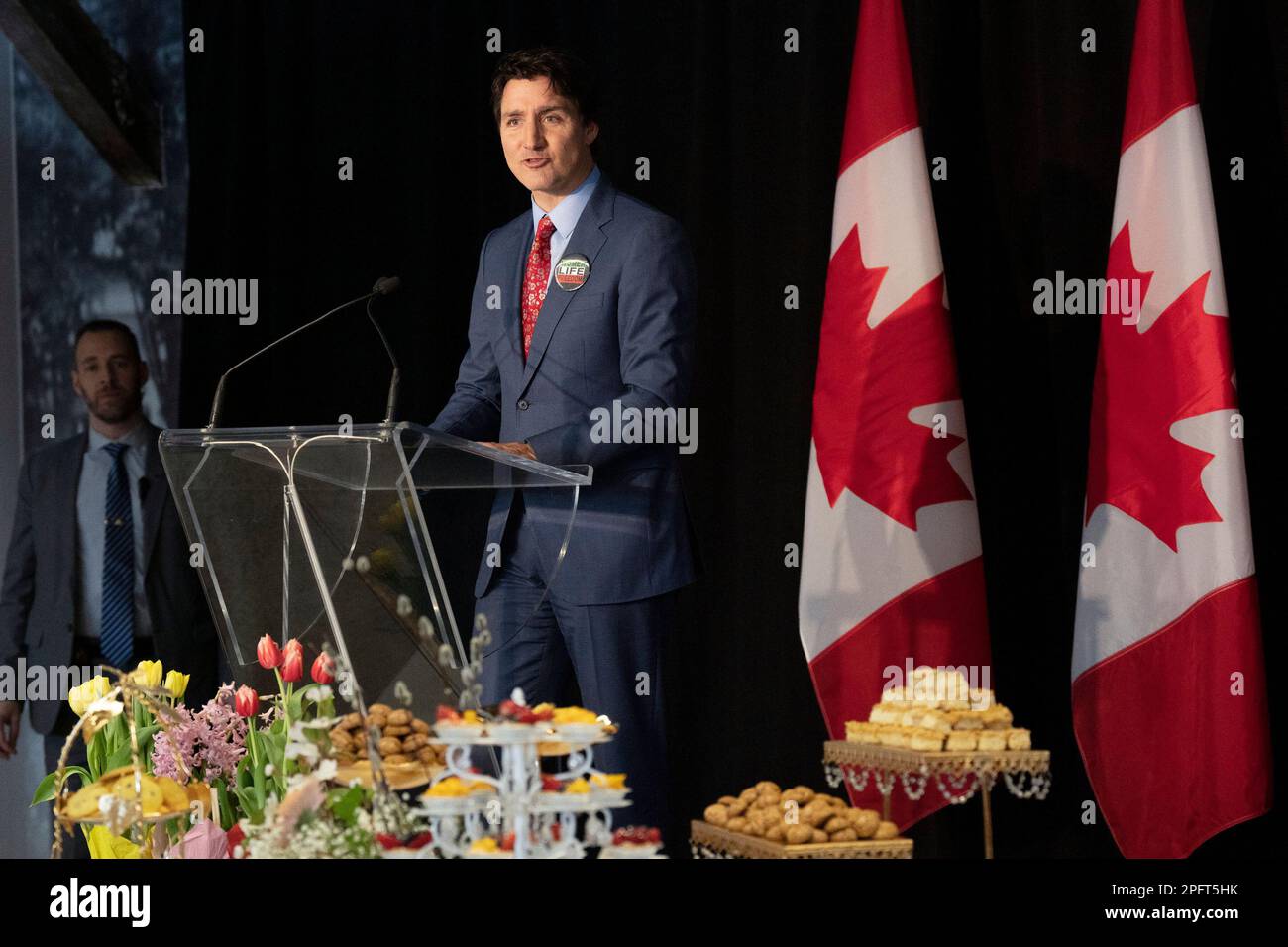 Aurora, Canada. 18th Mar, 2023. Prime Minister Justin Trudeau speaks ...