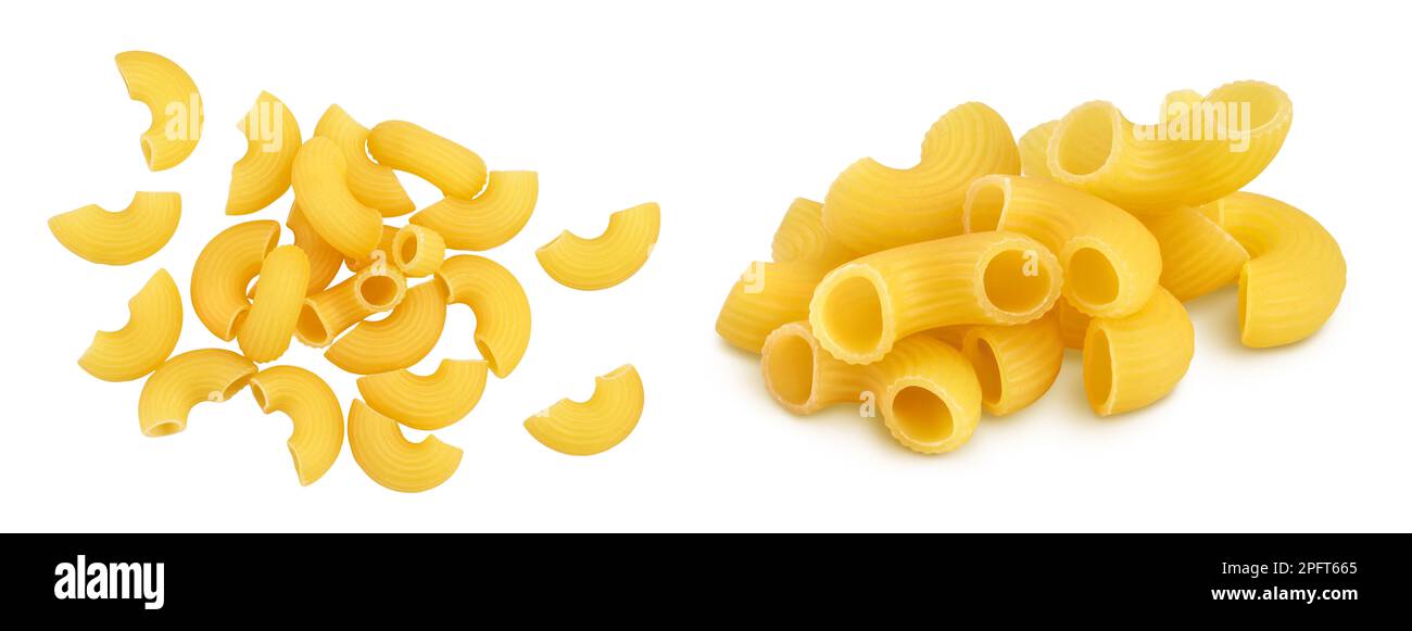 raw macaroni pasta isolated on white background with full depth of ...