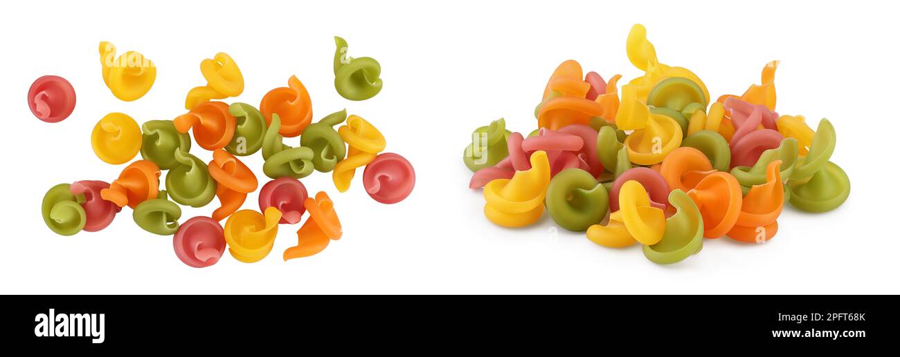 Raw colored pasta isolated on white background with full depth of field ...