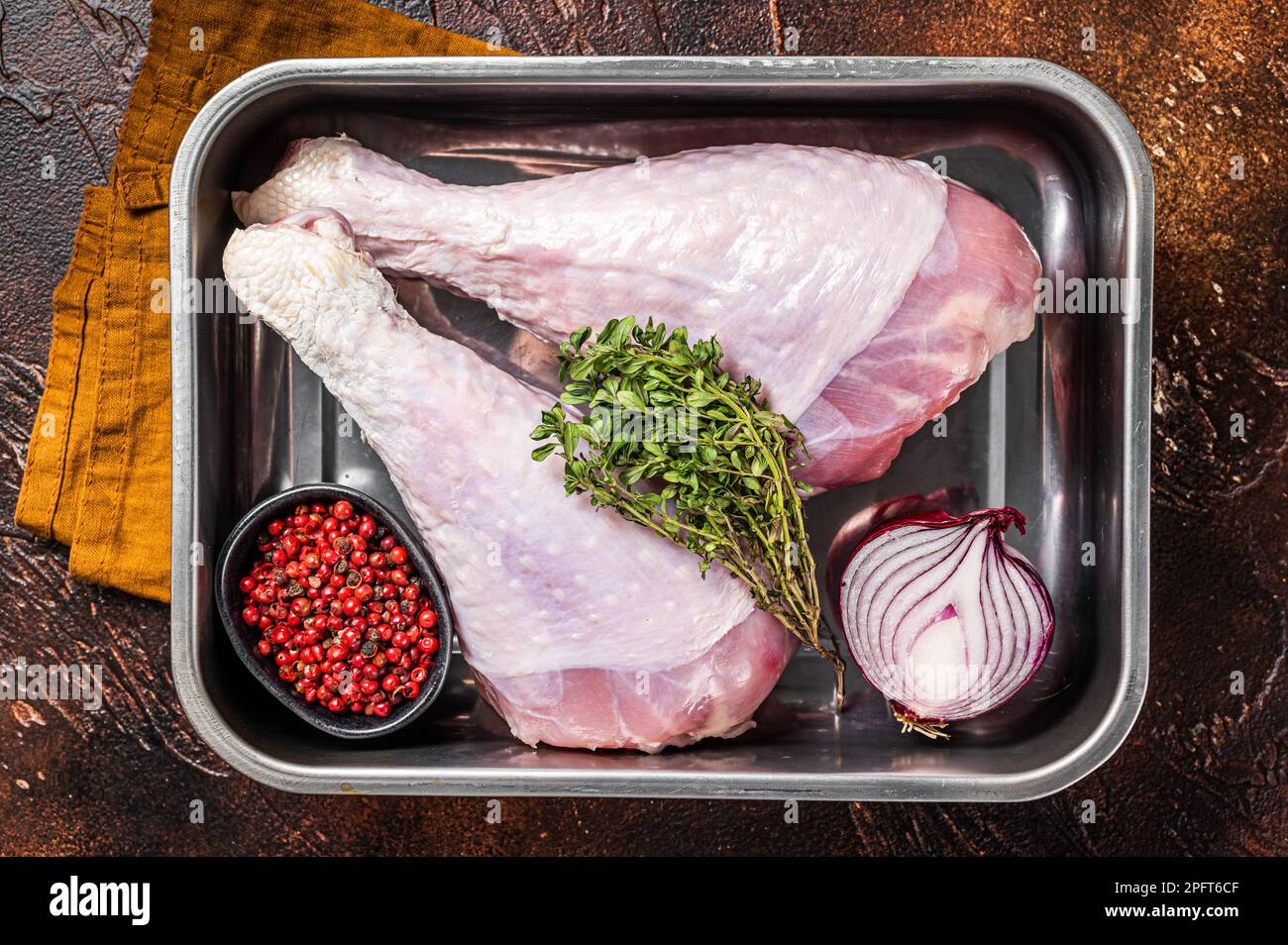 Raw turkey legs Drumsticks, Poultry meat. Dark background. Top view ...