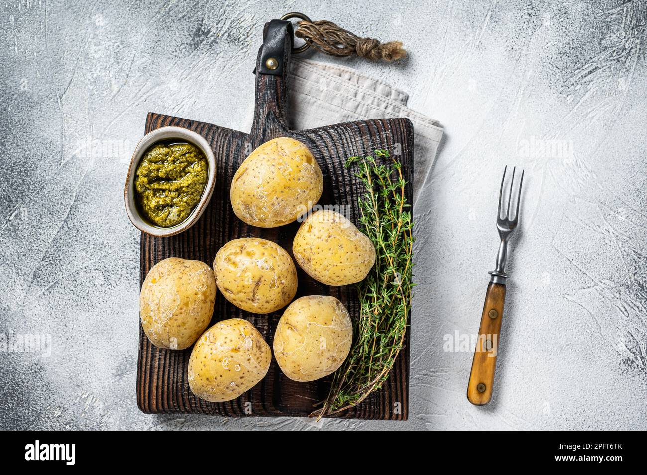 Canary Islands dish Papas Arrugadas, wrinkly potatoes with Mojo verde ...