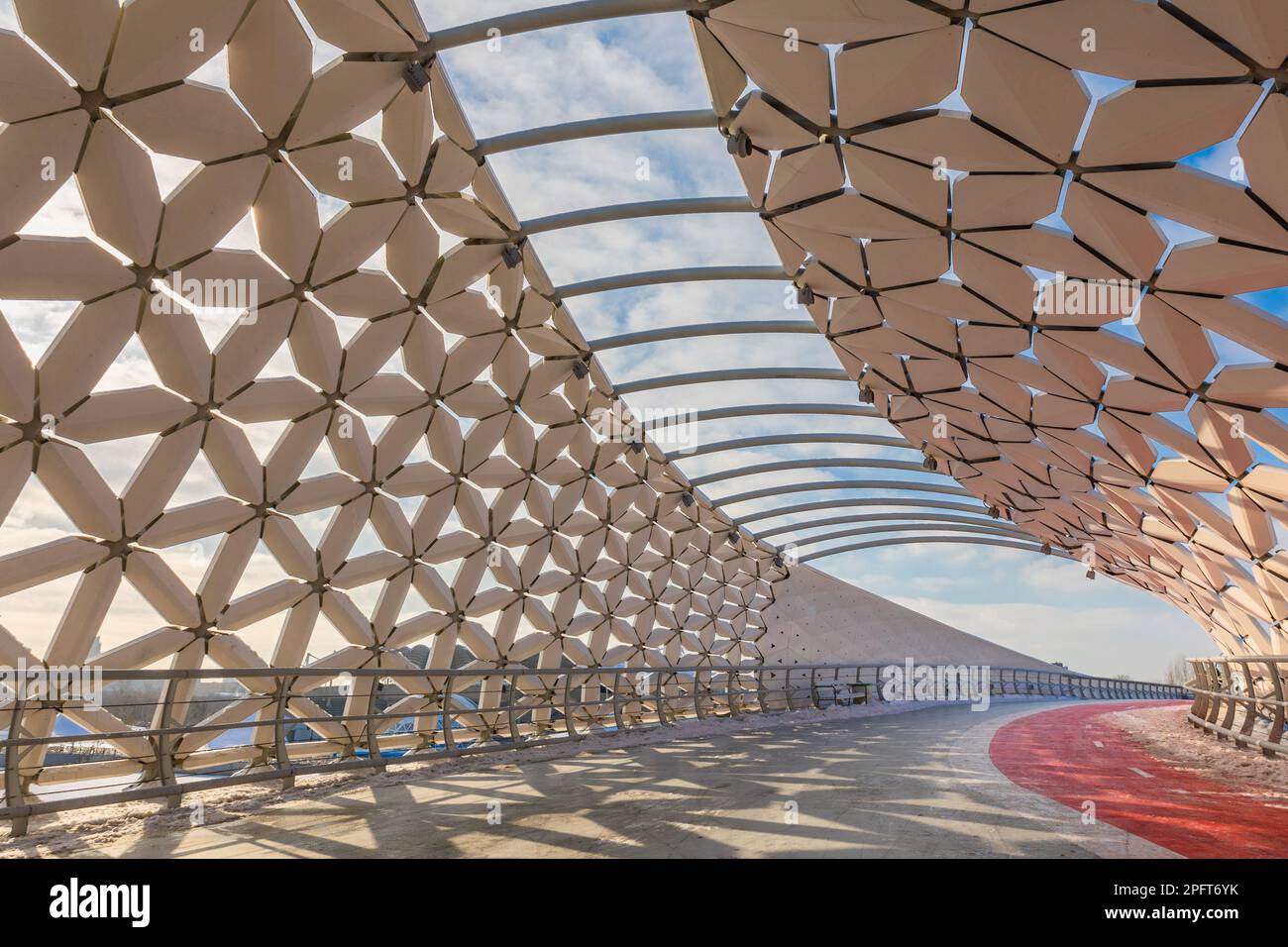 Modern architectural urbanistic Atyrau fish bridge across Ishim river ...