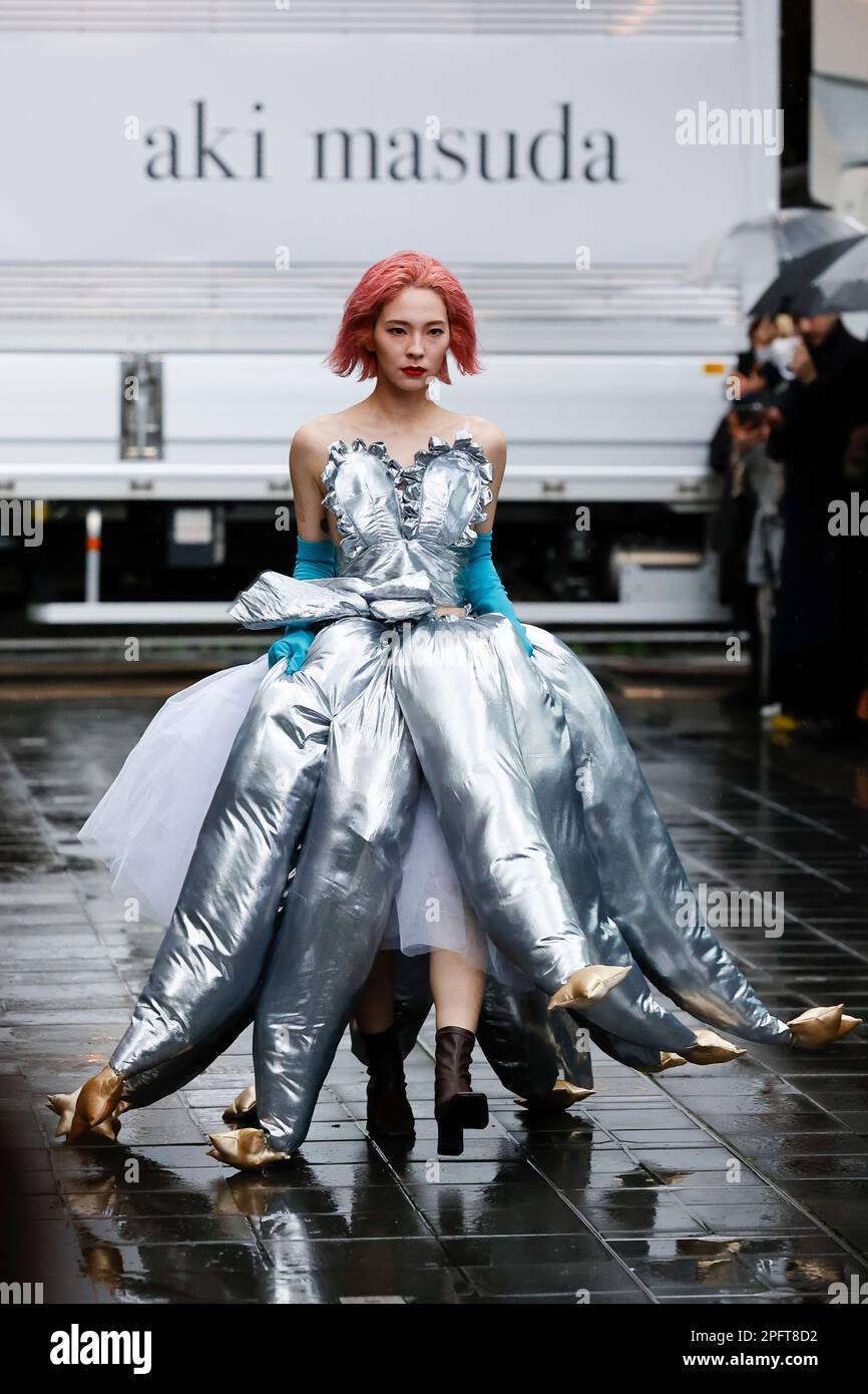 Tokyo, Japan. 18th Mar, 2023. A model wearing fashion brand aki masuda ...