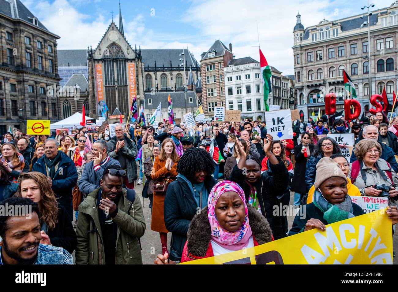Amsterdam, Netherlands. 18th Mar, 2023. Hundreds of protesters are seen ...