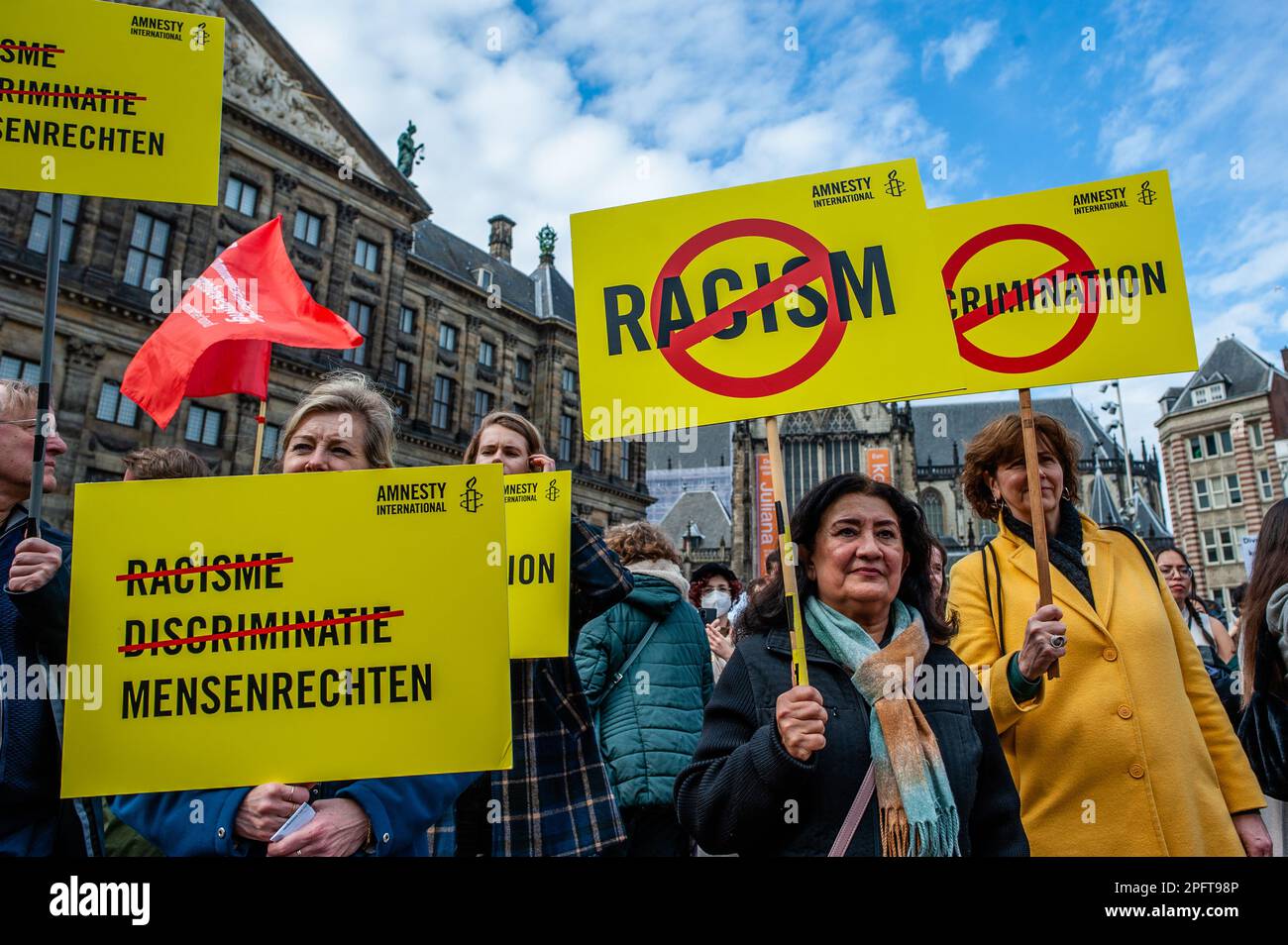 Amsterdam, Netherlands. 18th Mar, 2023. Protesters are seen holding ...