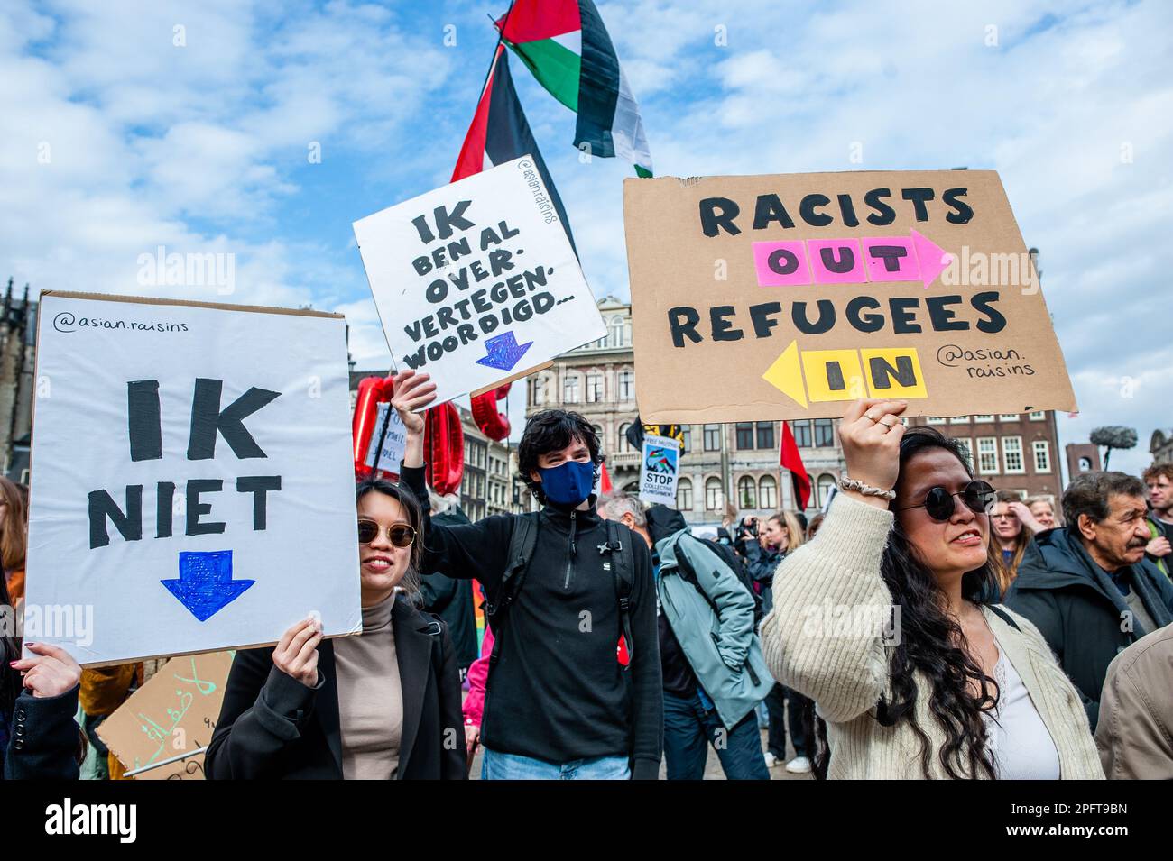 Amsterdam, Netherlands. 18th Mar, 2023. Protesters hold placards ...