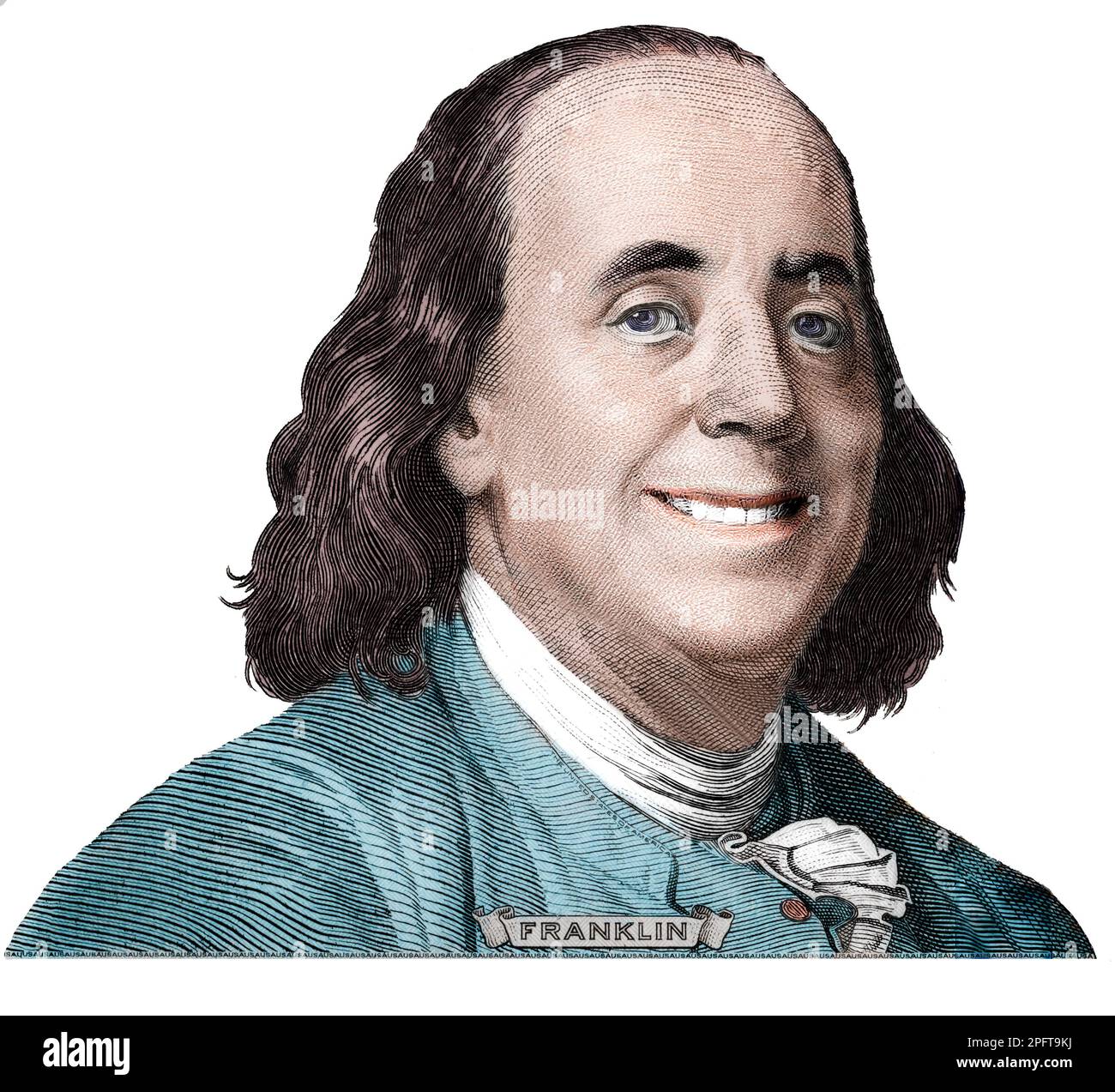 Benjamin Franklin smiling on 100 dollar banknote for design purpose ...