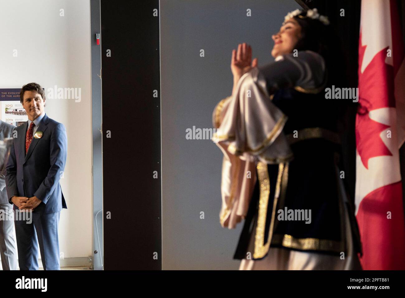 Aurora, Canada. 18th Mar, 2023. Prime Minister Justin Trudeau watches ...