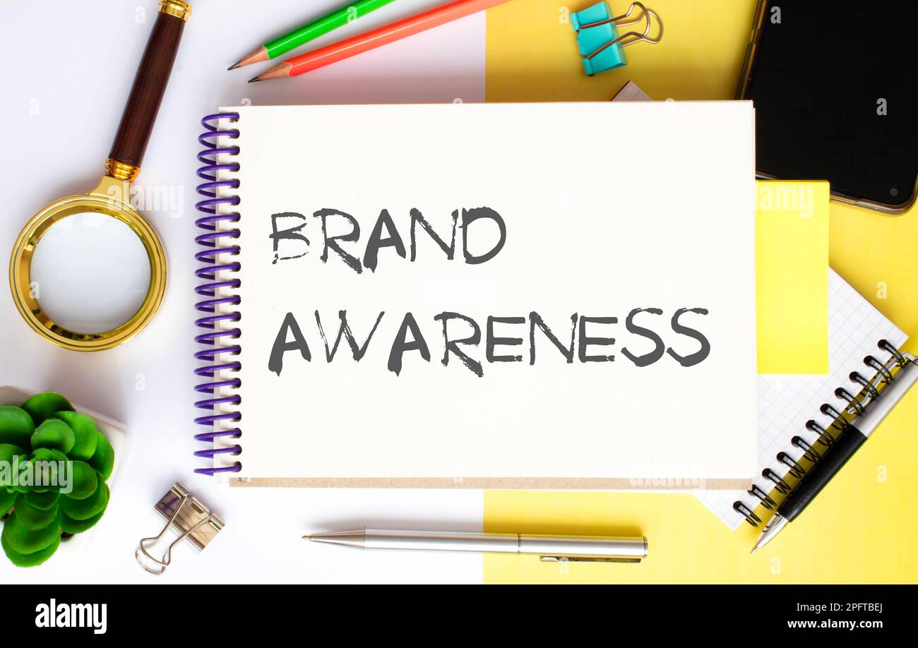 Technology concept.Top view black bubble speech written BRAND AWARENESS ...