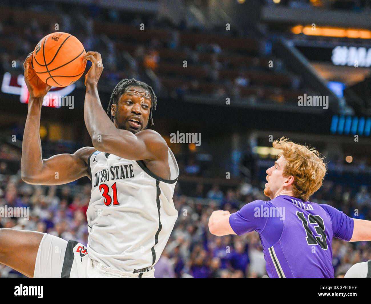 Orlando, FL, USA. 18th Mar, 2023. San Diego State forward Nathan Mensah ...