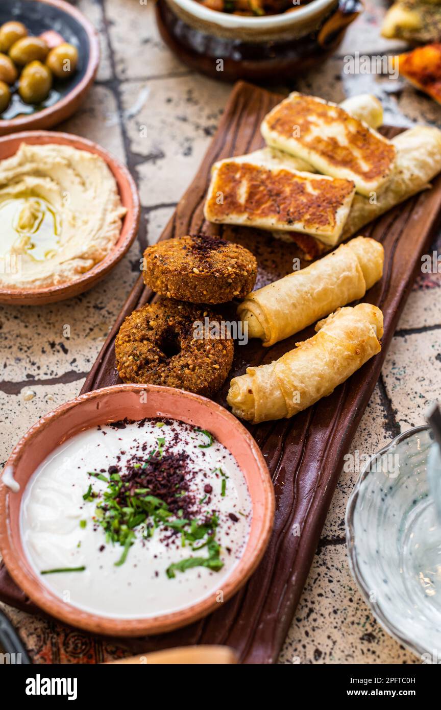 Fried cheese and falafel with sause in Turkish Village Breakfast. Top ...