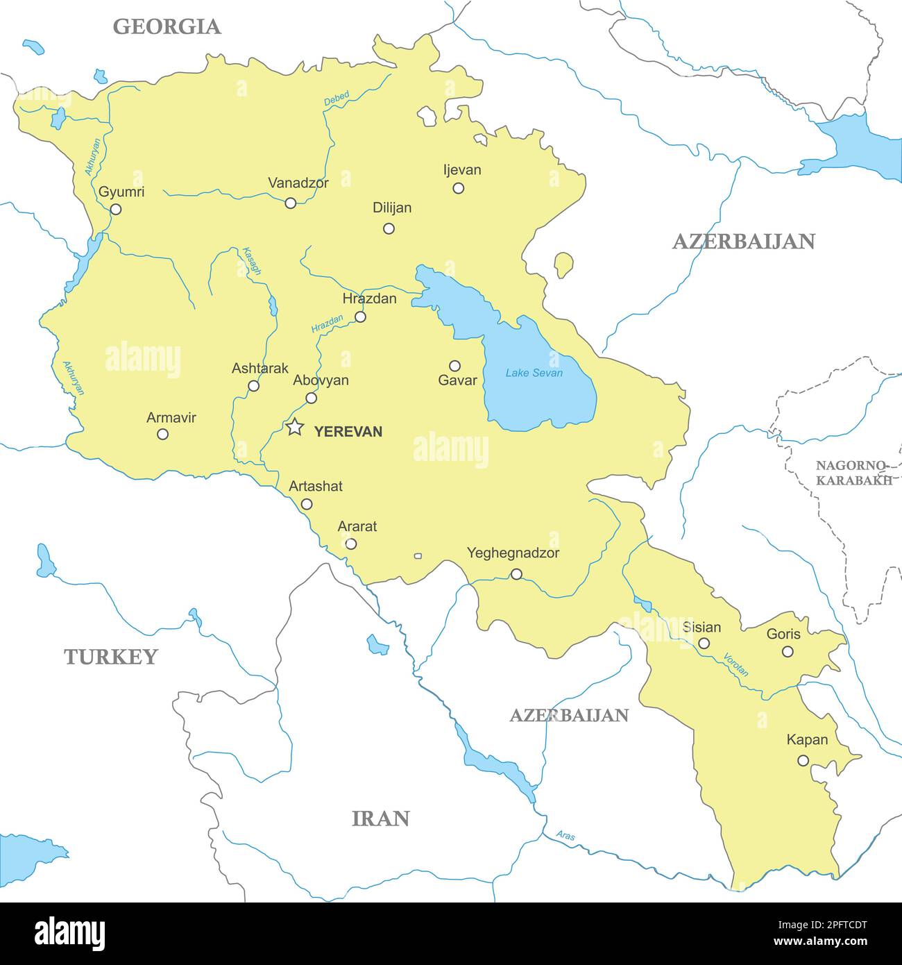 Political map of Armenia with national borders, cities and rivers Stock ...