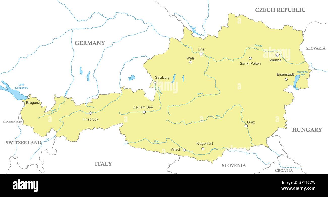 Political map of Austria with national borders, cities and rivers Stock ...