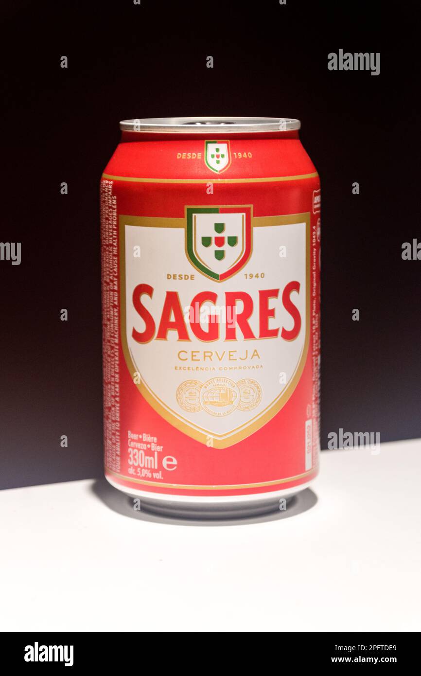Lisbon, Portugal - December 5, 2022: Can of Portuguese Sagres beer ...