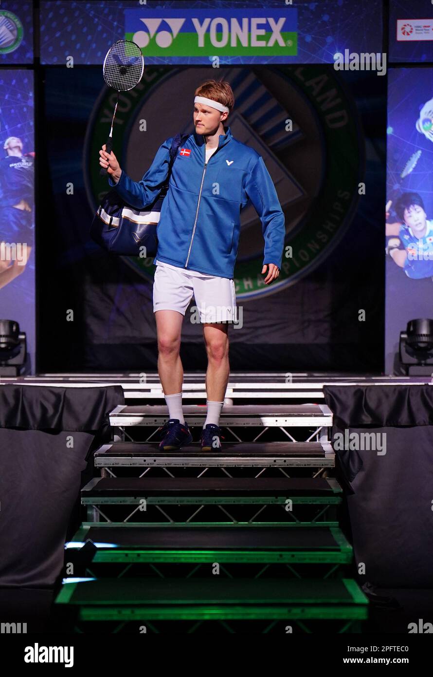Denmark's Anders Antonsen walks out to play China's Li Shi Feng during ...