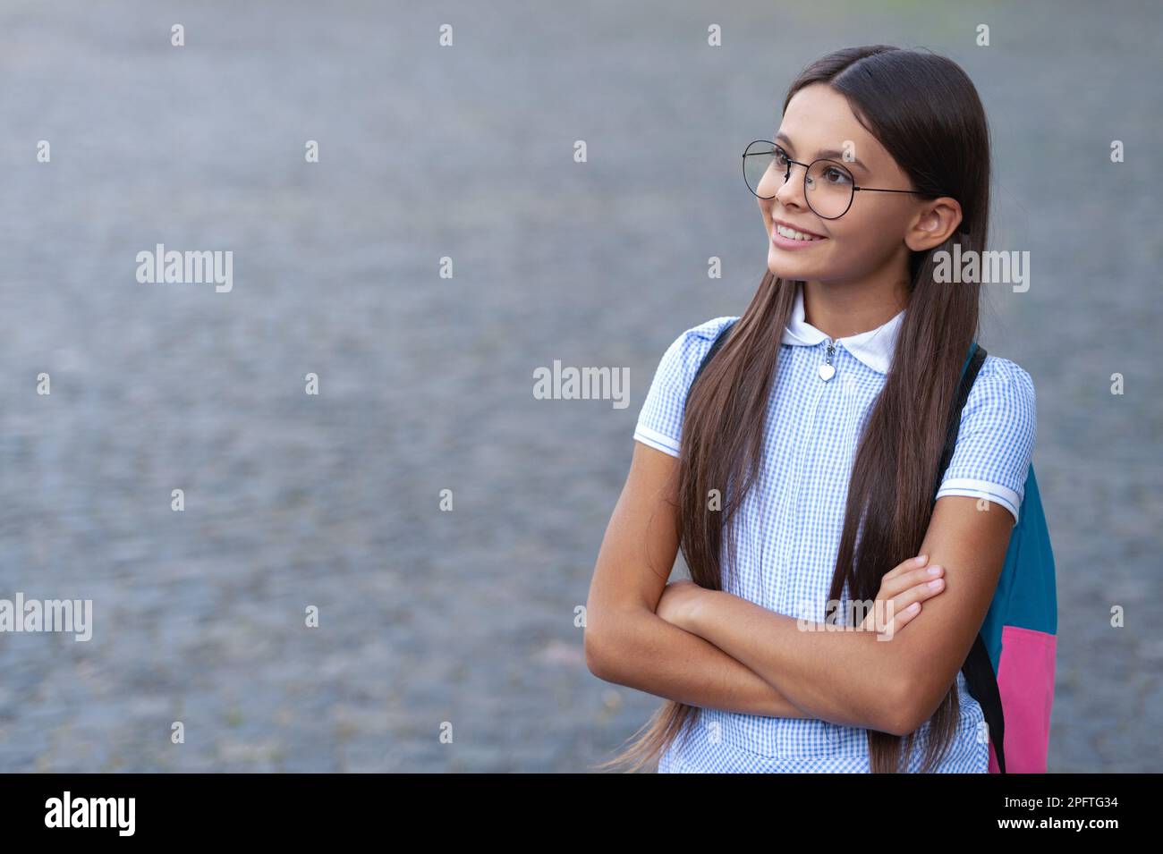 teenage school girl outdoor with copy space banner. photo of teenage ...