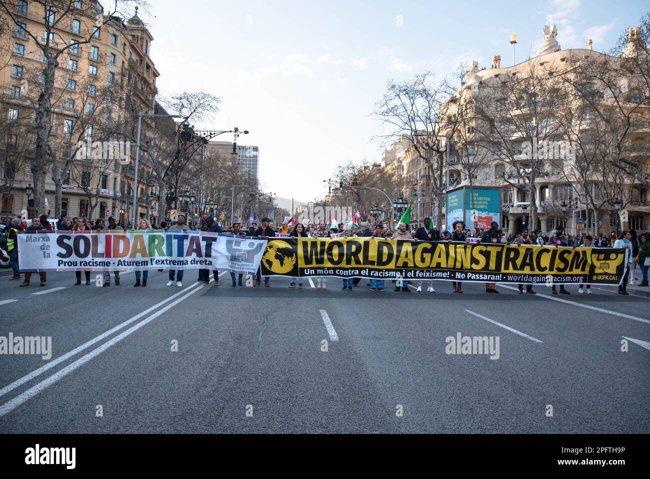 Barcelona, Spain. 18th Mar, 2023. Protesters hold banners during the ...