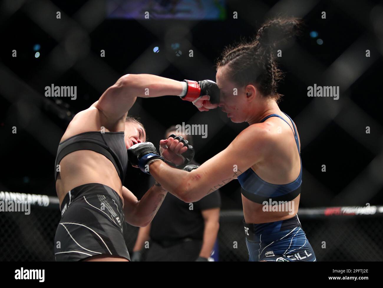 Jennifer Maia (left) and Casey O'Neill in action during their flyweight ...