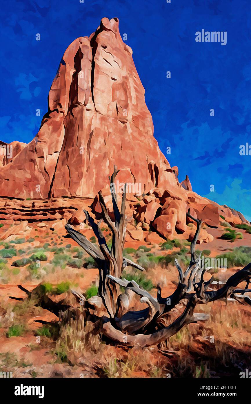 Digitally created watercolor painting of Park Avenue Trailhead and dead ...