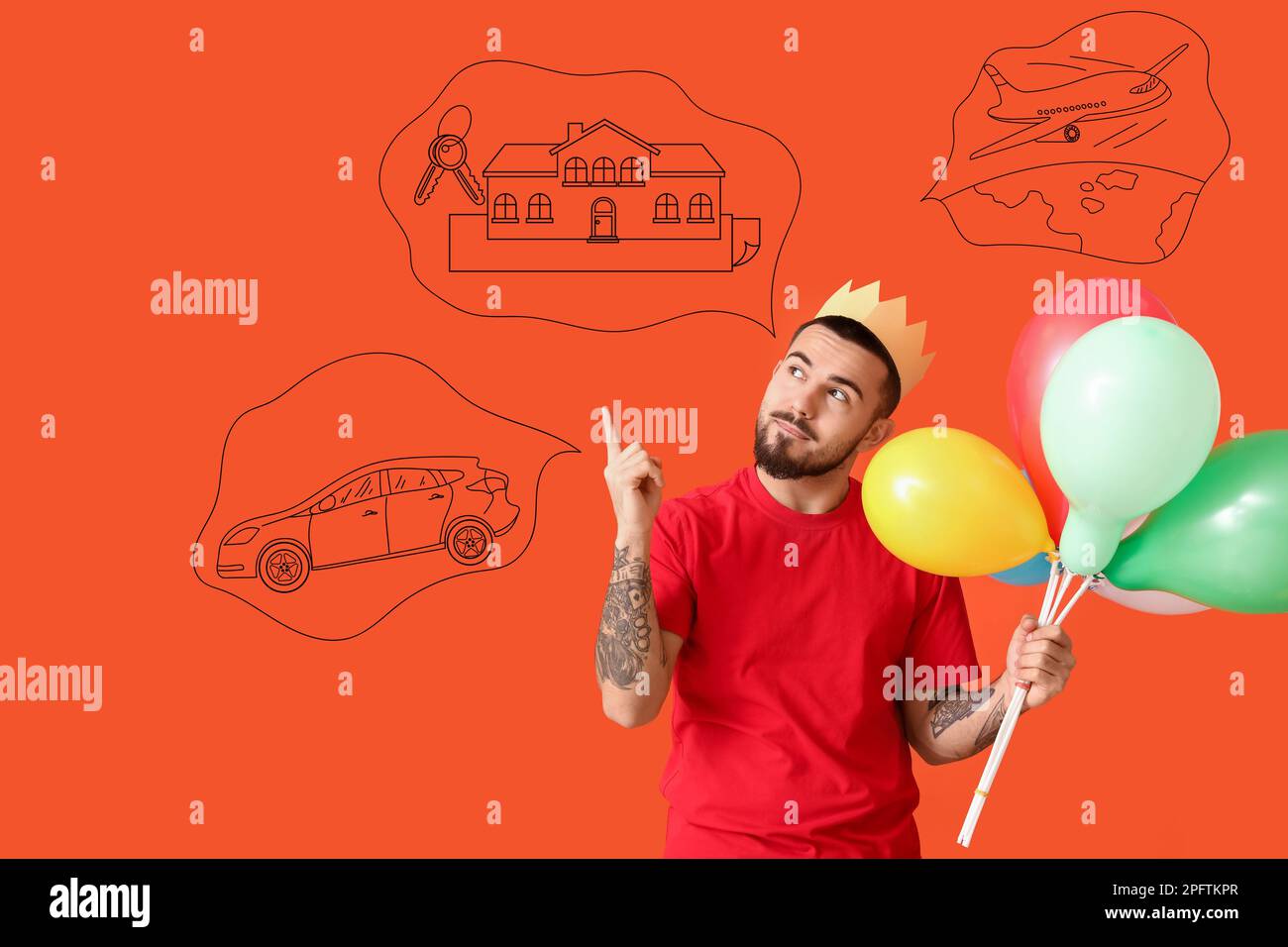 Happy man with birthday balloons making wishes on red background Stock ...