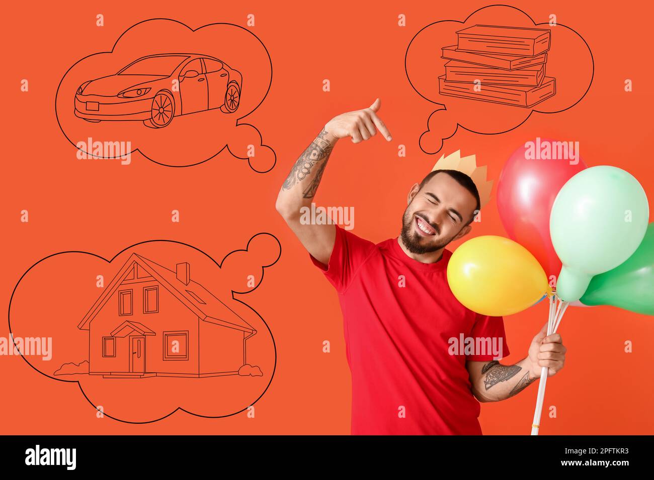 Happy man with birthday balloons making wish on red background Stock ...