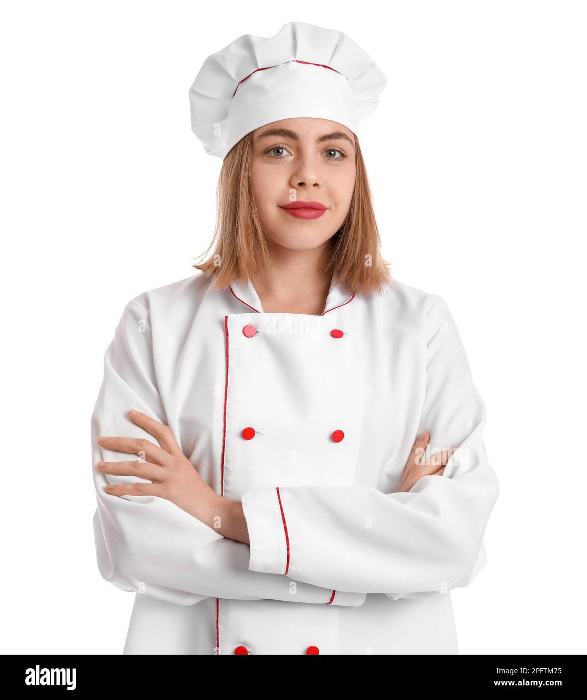 Female baker in uniform on white background Stock Photo - Alamy