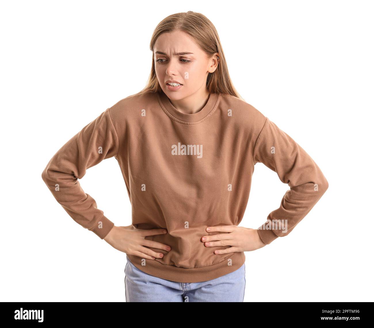 Young woman with appendicitis on white background Stock Photo - Alamy