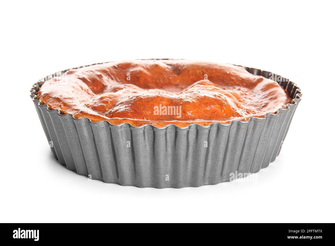 Delicious meat pie in baking form isolated on white background Stock ...
