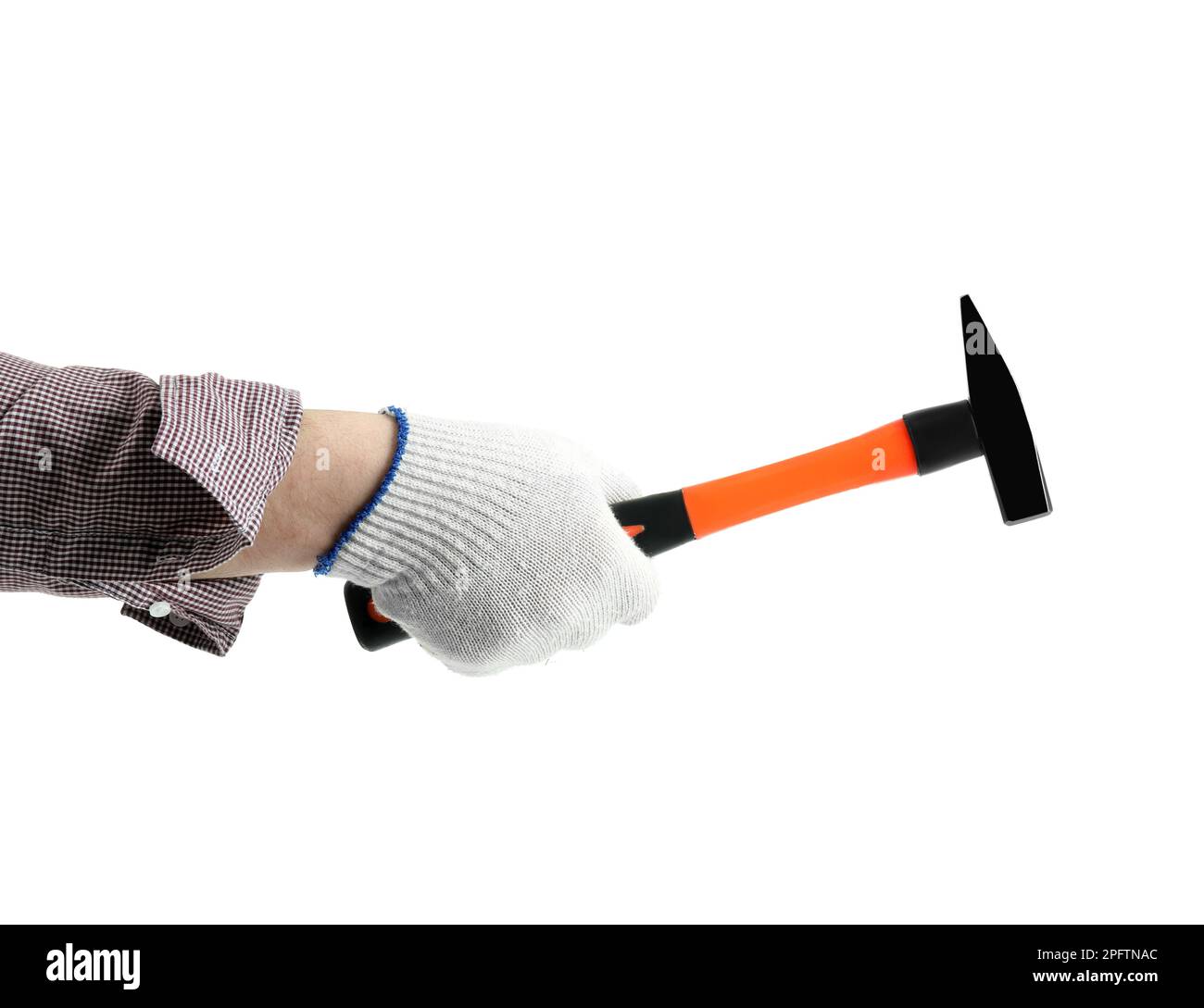 Worker with hammer on white background Stock Photo - Alamy
