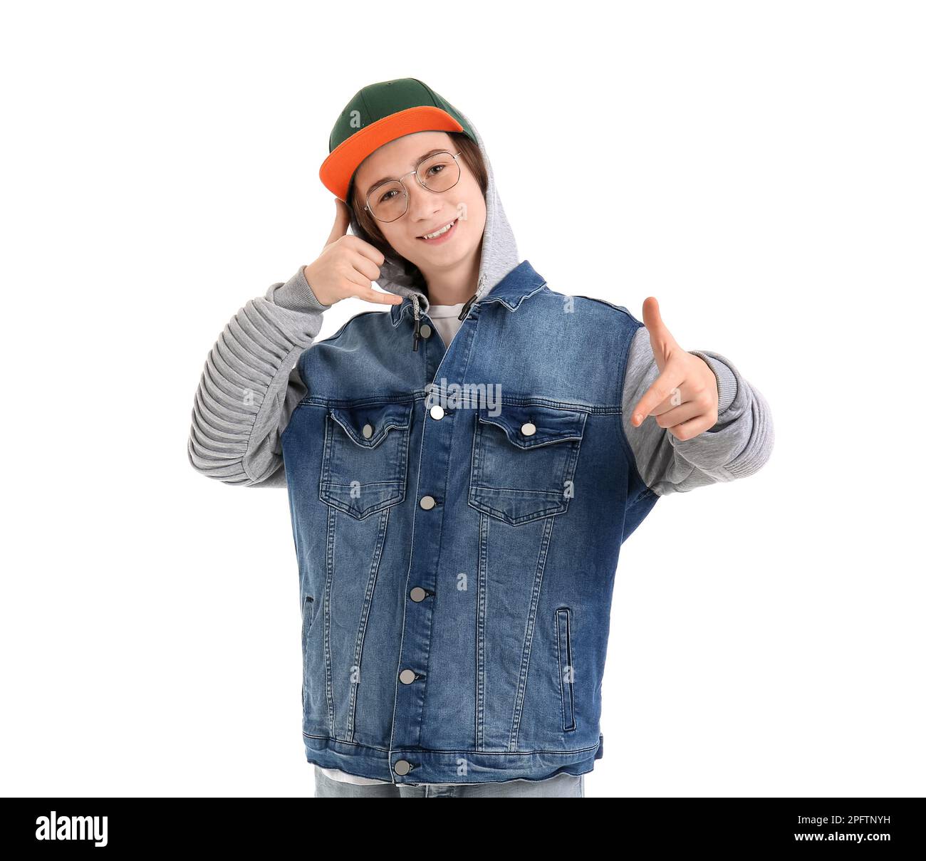 Cool teenage boy showing "call me" gesture on white background Stock ...