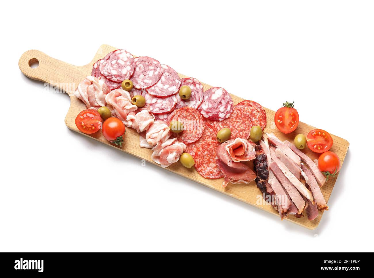 Wooden board with assortment of tasty deli meats isolated on white ...