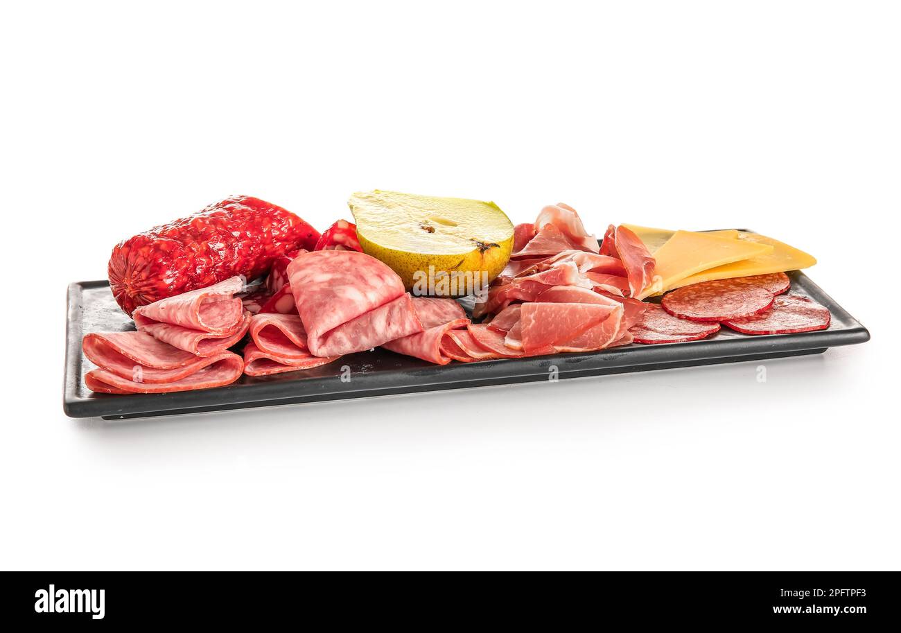Board with assortment of tasty deli meats isolated on white background ...