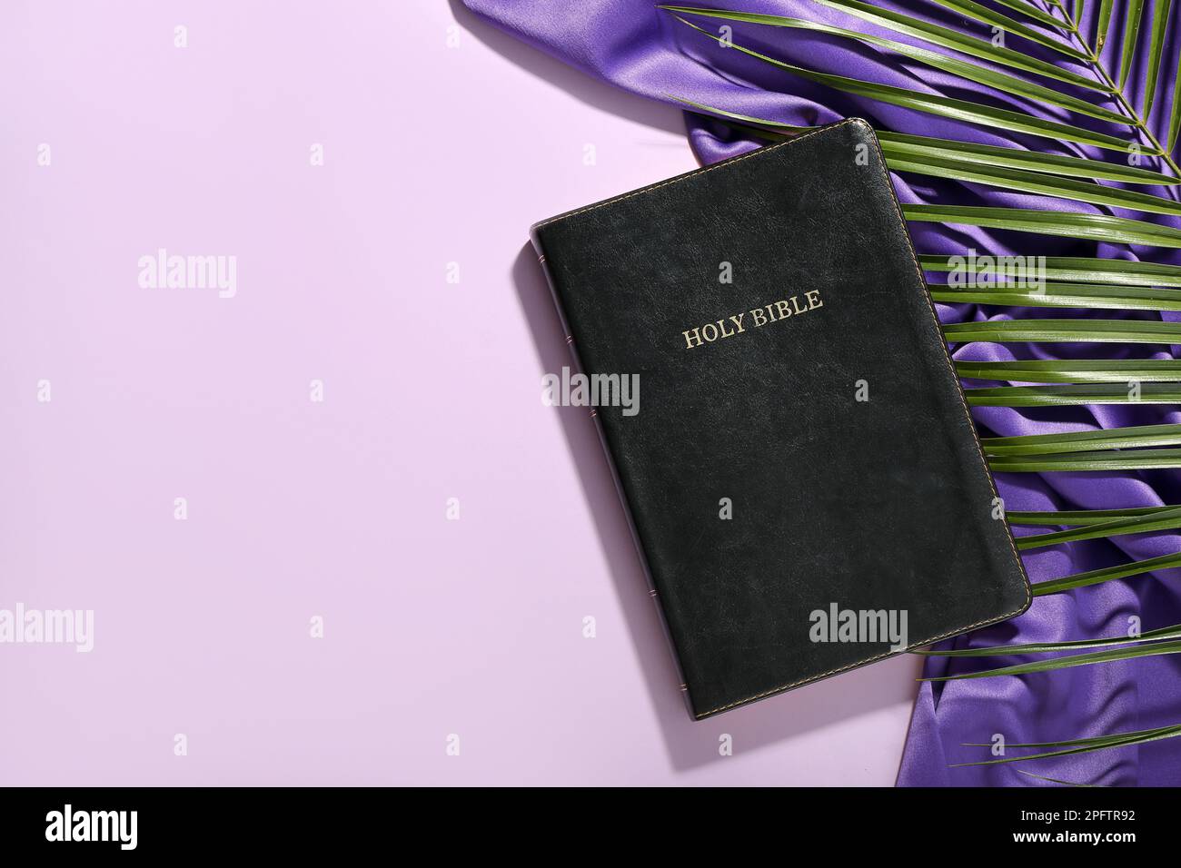 Holy Bible with palm leaf and purple fabric on lilac background. Good ...