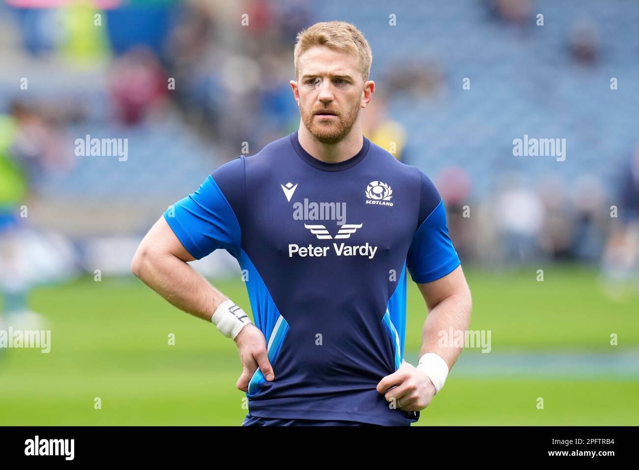 Kyle Steyn #14 of Scotland warms up before the 2023 Guinness 6 Nations ...