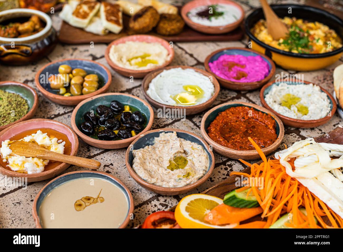 Delicious Turkish family breakfast table with pastries, vegetables ...