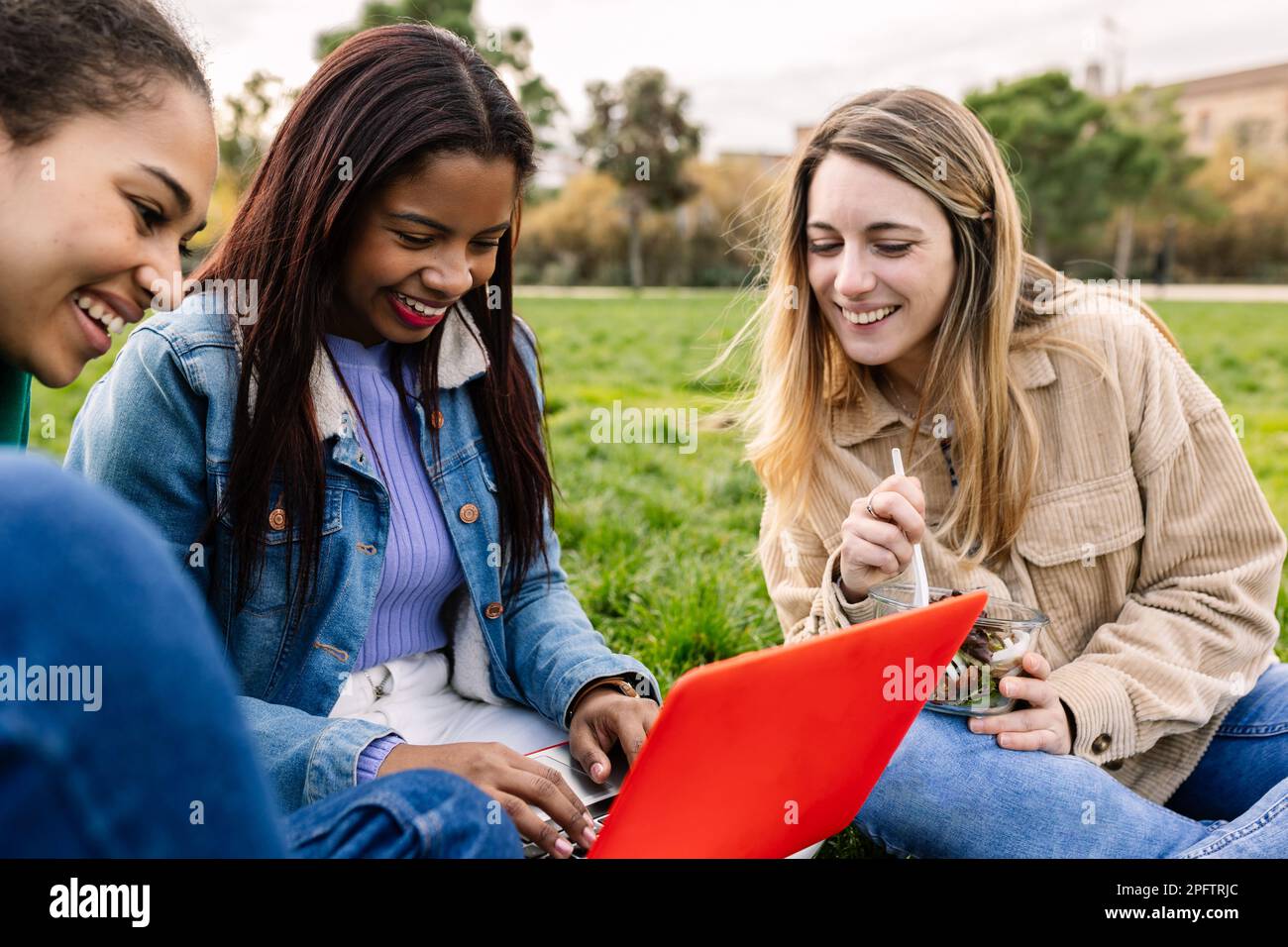 Young group of diverse college student studying together using laptop ...