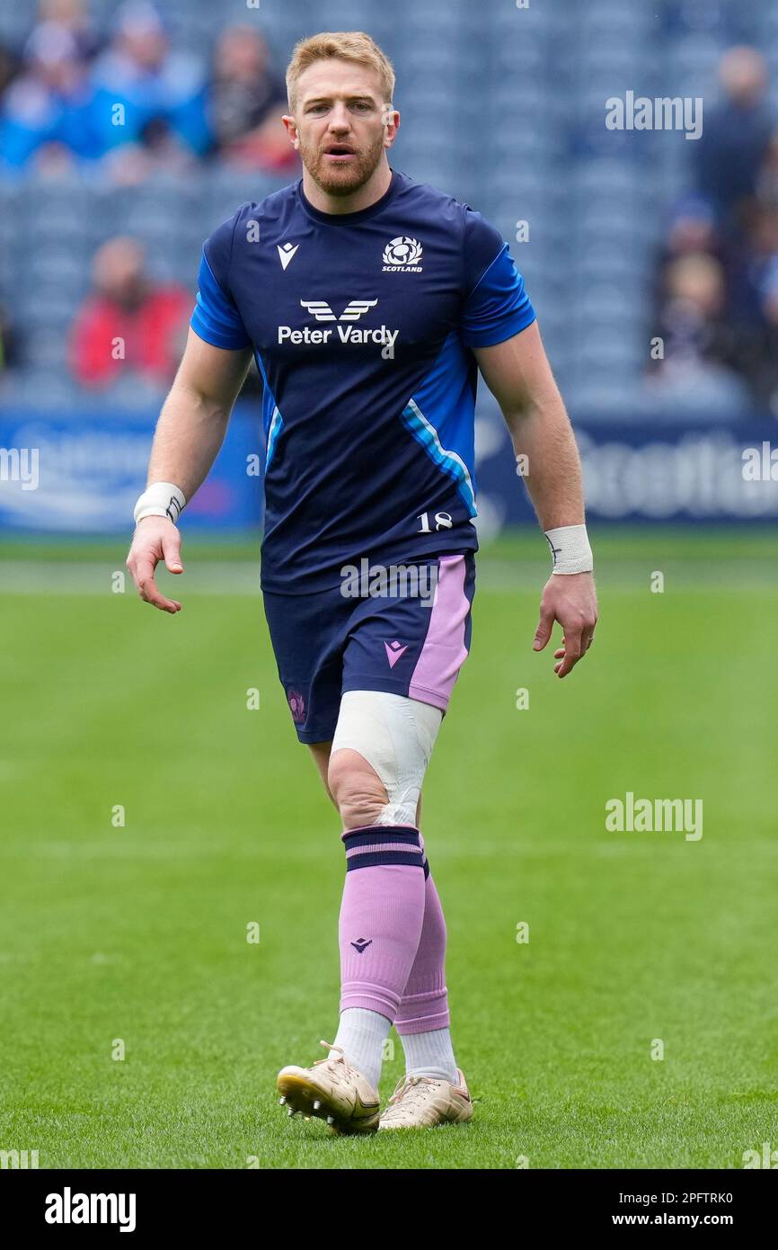 Kyle Steyn #14 of Scotland warms up before the 2023 Guinness 6 Nations ...
