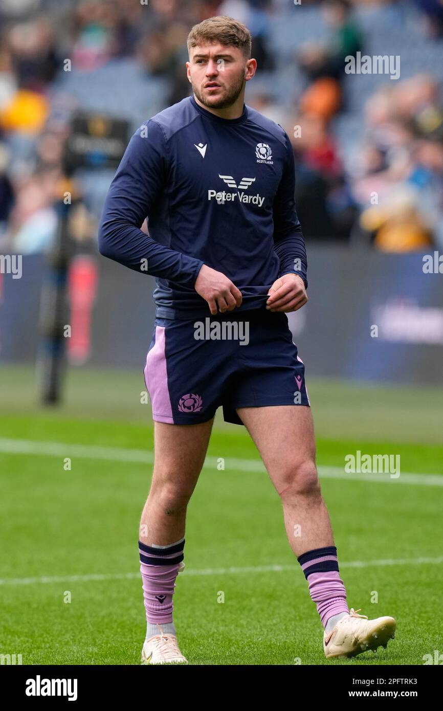 Ollie Smith #15 of Scotland warms up before the 2023 Guinness 6 Nations ...