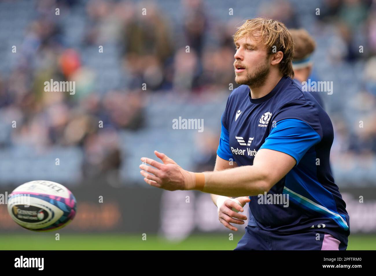 Jonny Gray #5 of Scotland warms up before the 2023 Guinness 6 Nations ...