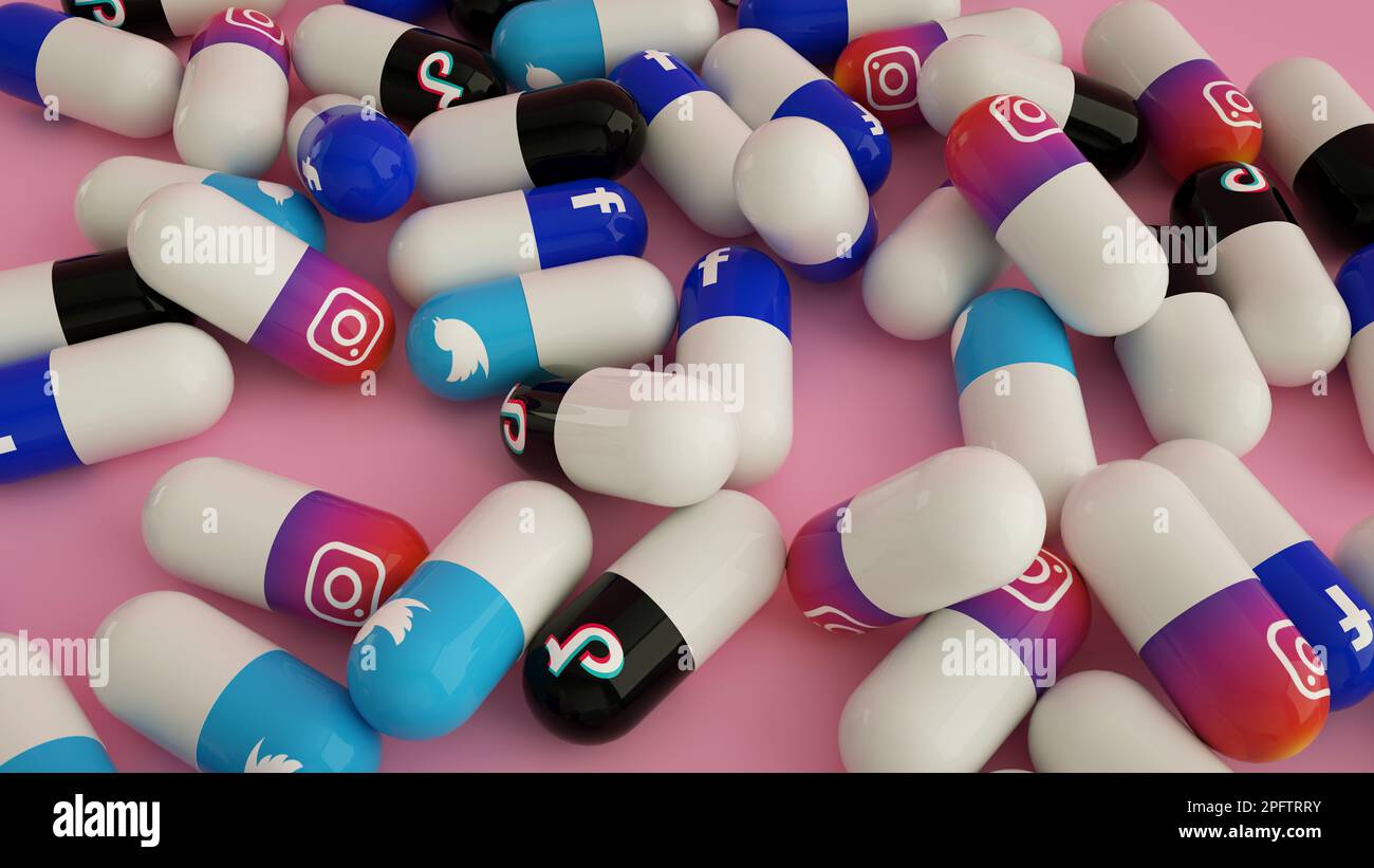 3D rendering of various popular social media logos as drug pills ...
