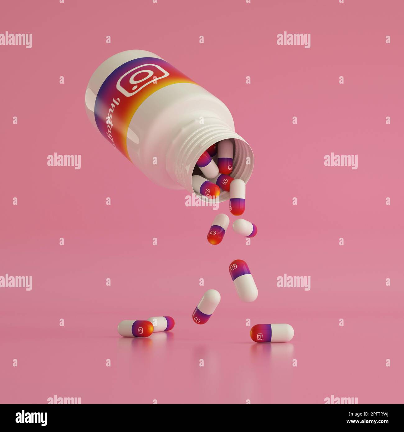 3D rendering of Instagram logos as drug pills pouring out from a white ...