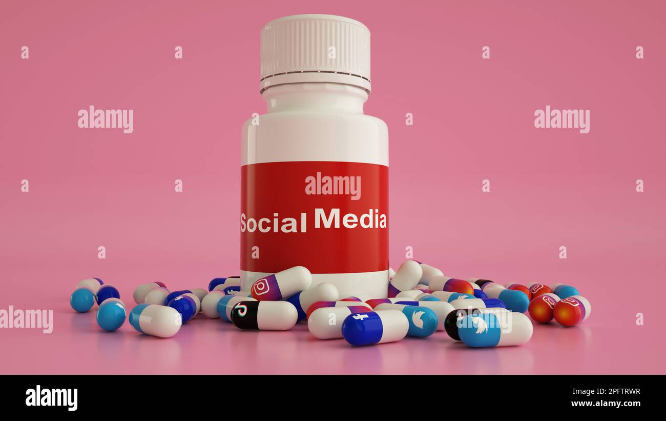 3D rendering of various popular social media logos as drug pills ...