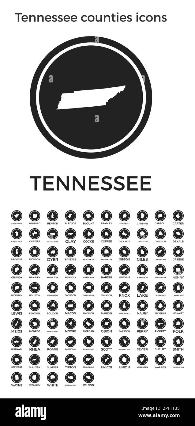 Tennessee counties icons. Black round logos with us state counties maps ...